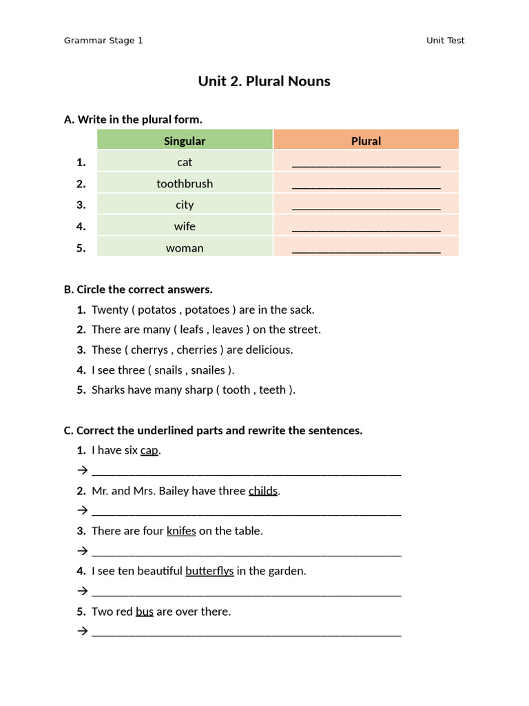 Grammar Stage 1 - Unit Test 2 | PDF