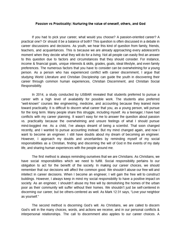 Passion vs Practicality Nurturing the value of oneself, others, and God ...