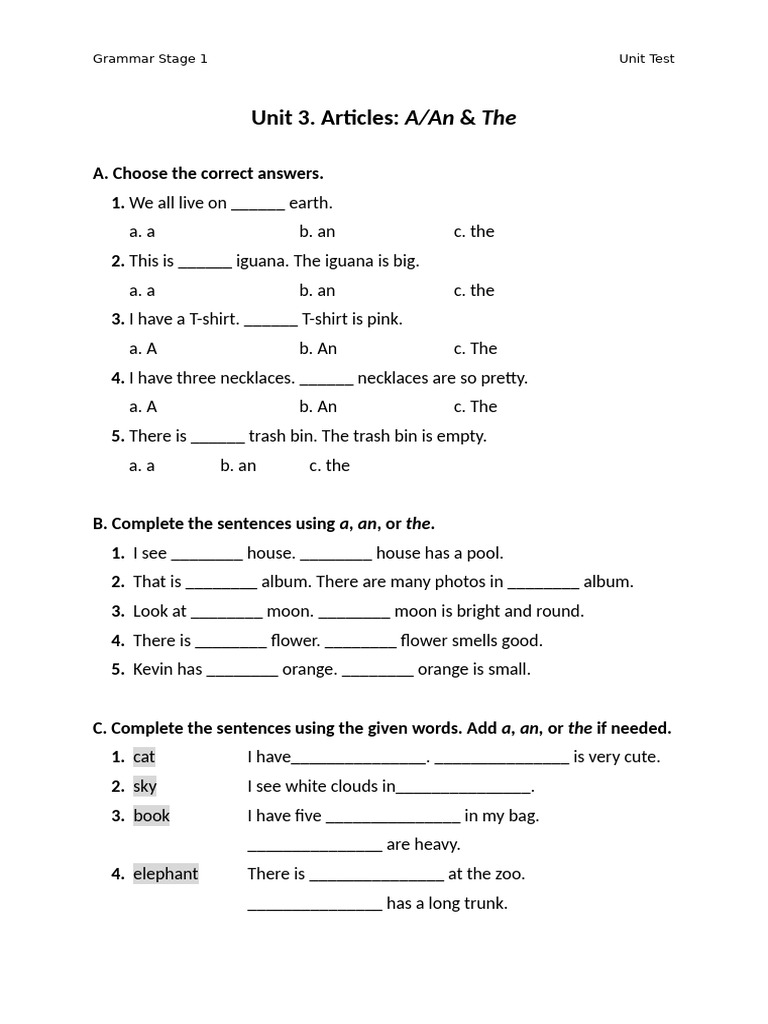 Grammar Stage 1 - Unit Test 3 | PDF