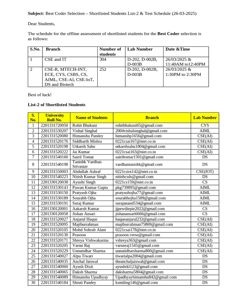 26-03-2025-Best Coder Assessment Notice | PDF
