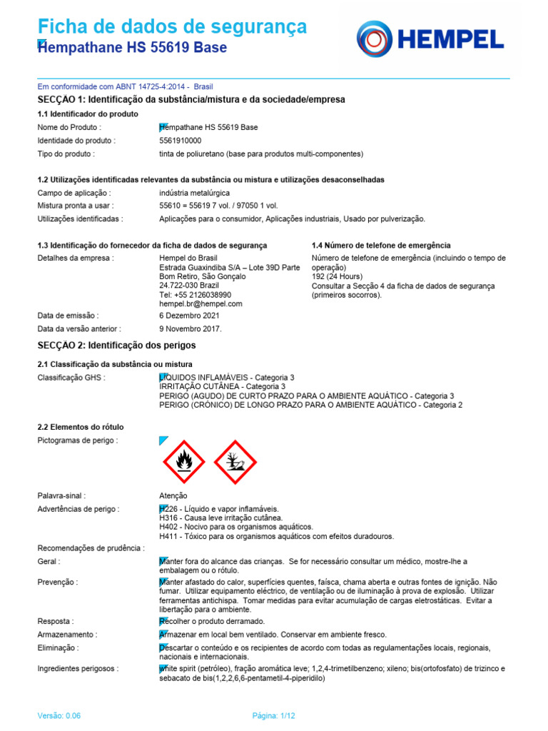 Ficha de Segurança: Hempathane HS 55619 | PDF | Águas residuais | Solvente