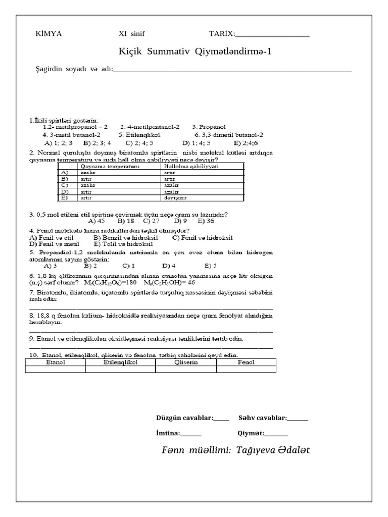 11ci Sinif Kimya KSQ1 (ELMİN ƏSGƏROV) | PDF