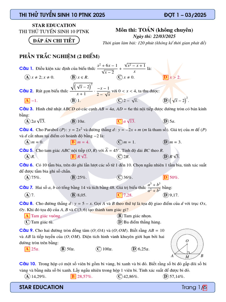 2025 Thi Thu PTNK Dot1 Toan KC DapAn | PDF