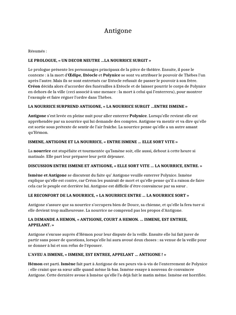 Résumé détaillé d'Antigone | PDF | Mythologie de Thèbes