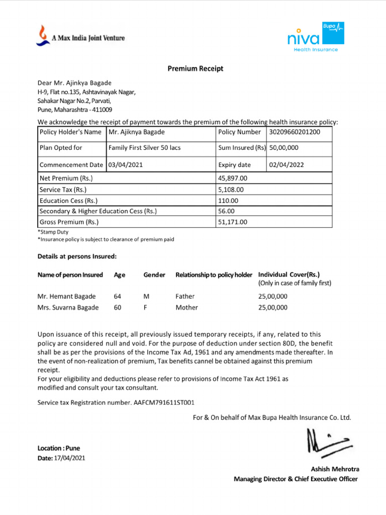 Medical Insurance Premium Receipt Family PDF Insurance Taxes 03 07 2025 ...