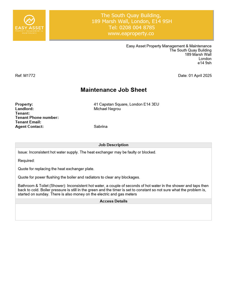South Quay Building Maintenance Job Sheet | PDF