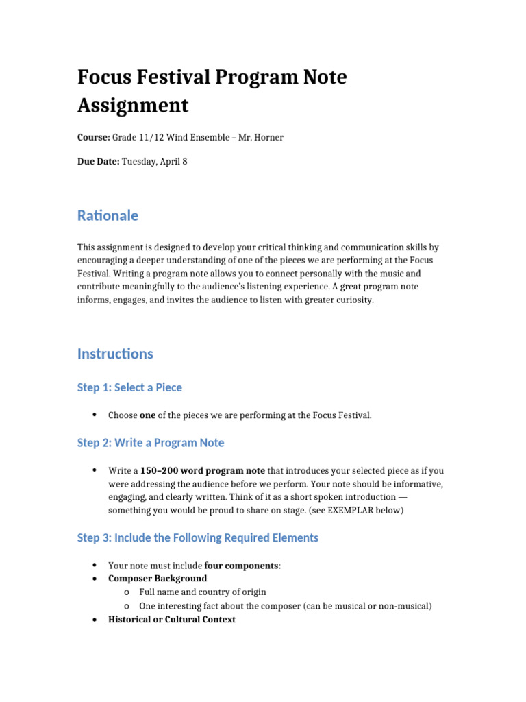Focus Festival Program Note Assignment With Analysis | PDF