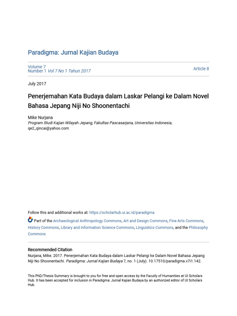 Penerjemahan Kata Budaya Dalam Laskar Pelangi Ke Dalam Novel Baha | PDF