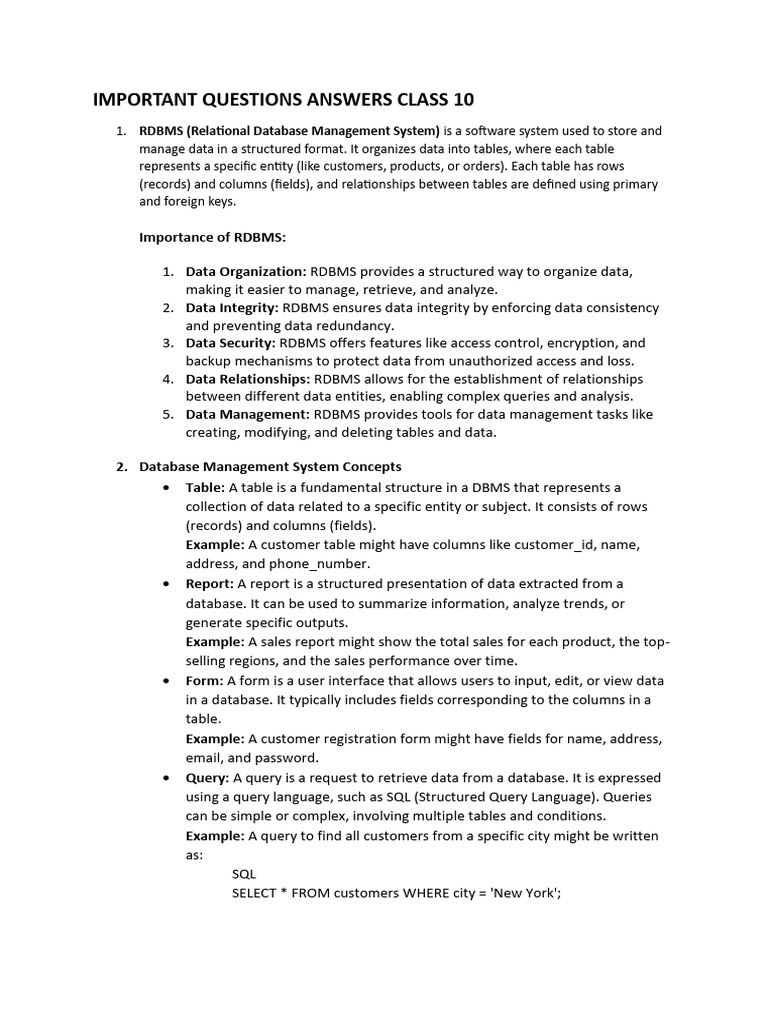 Important Questions Answers Class 10 | PDF | Databases | Relational Database