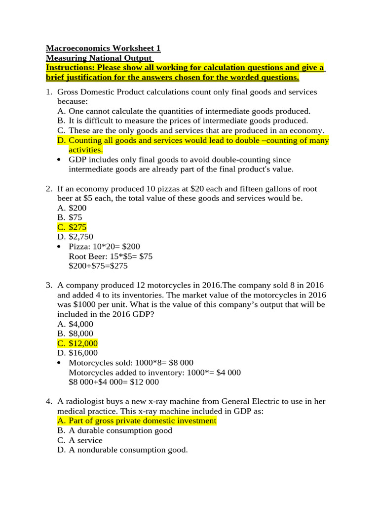 National Income Worksheet - Brianna Elliott | PDF | Gross Domestic ...