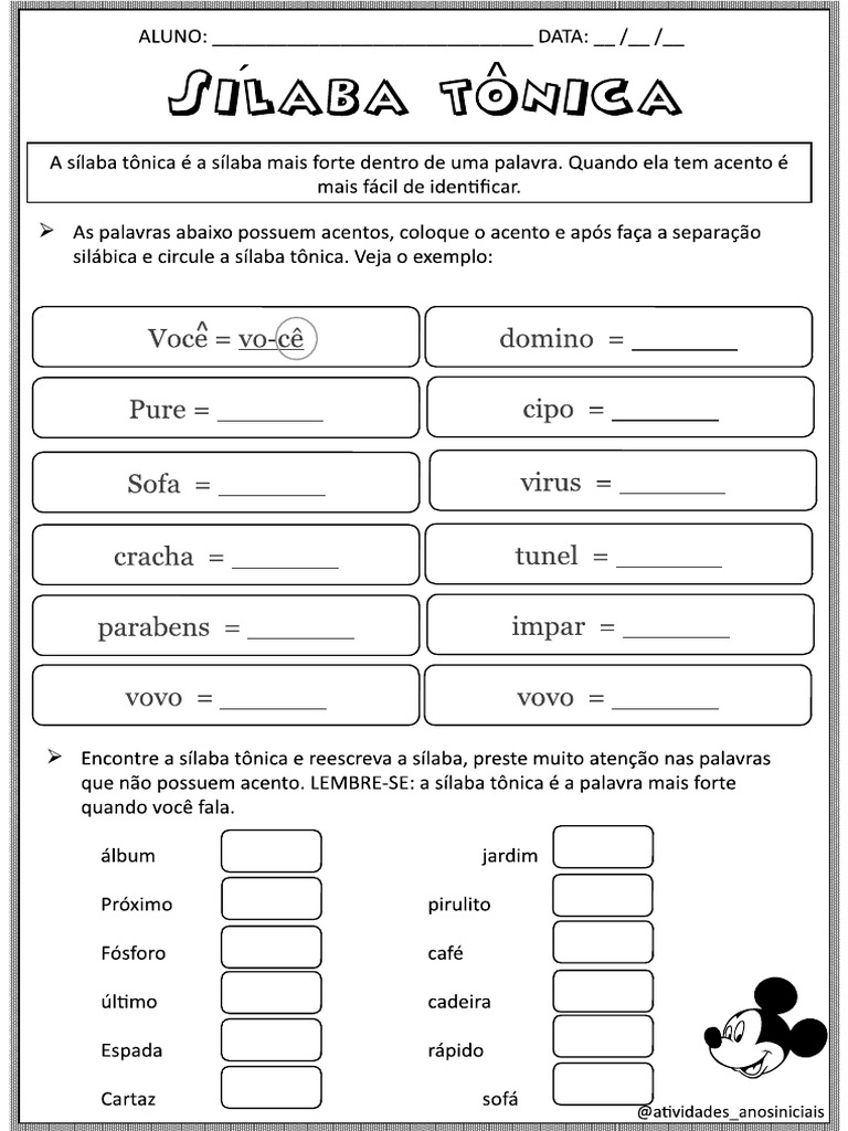Atividade de Sílaba Tônica 1 | PDF