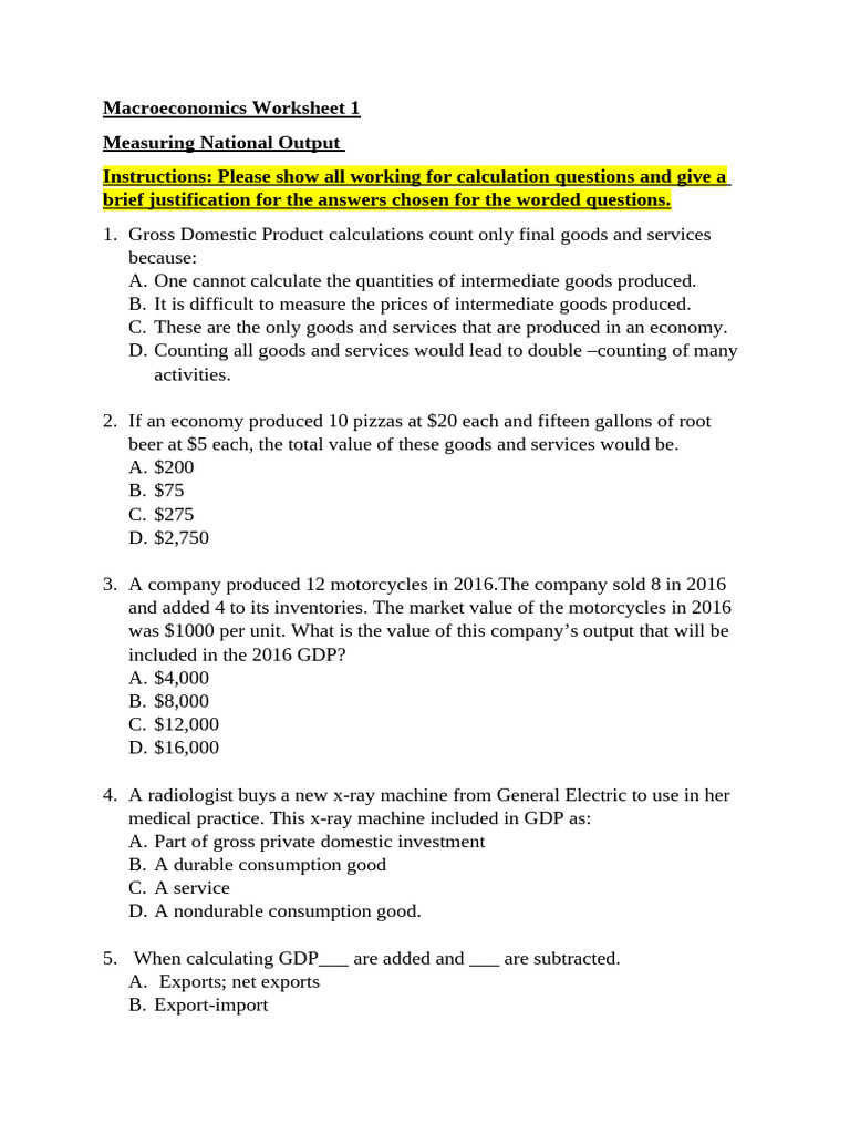 National Income Worksheet | PDF | Gross Domestic Product | Measures Of ...