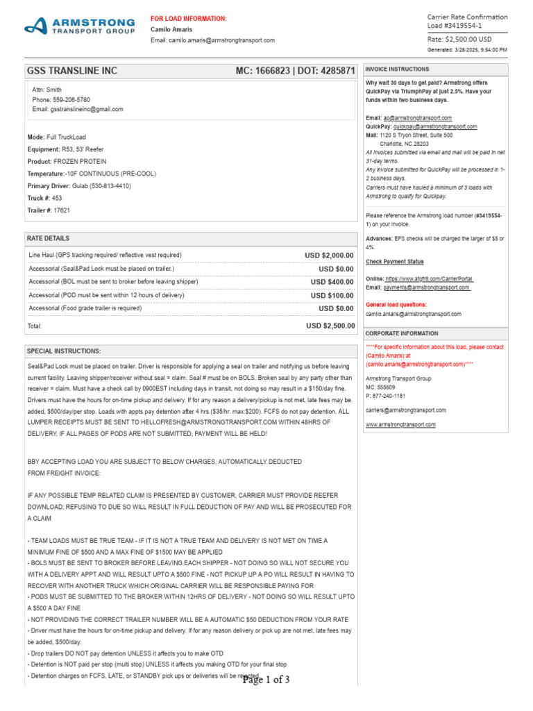 Carrier RateConfirmation - 3419554-1_signed | PDF | Cargo | Transport