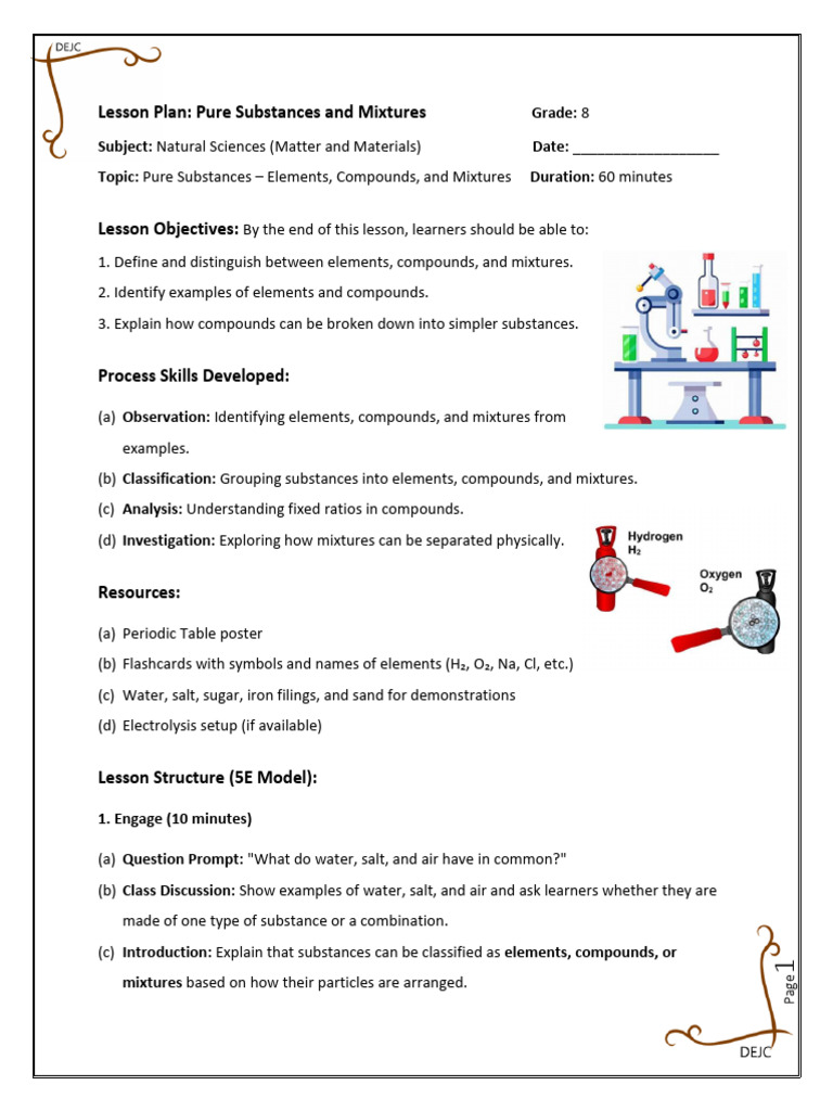 Pure Substances and Mixtures Grade 8 Lesson Plan | PDF | Chemical ...