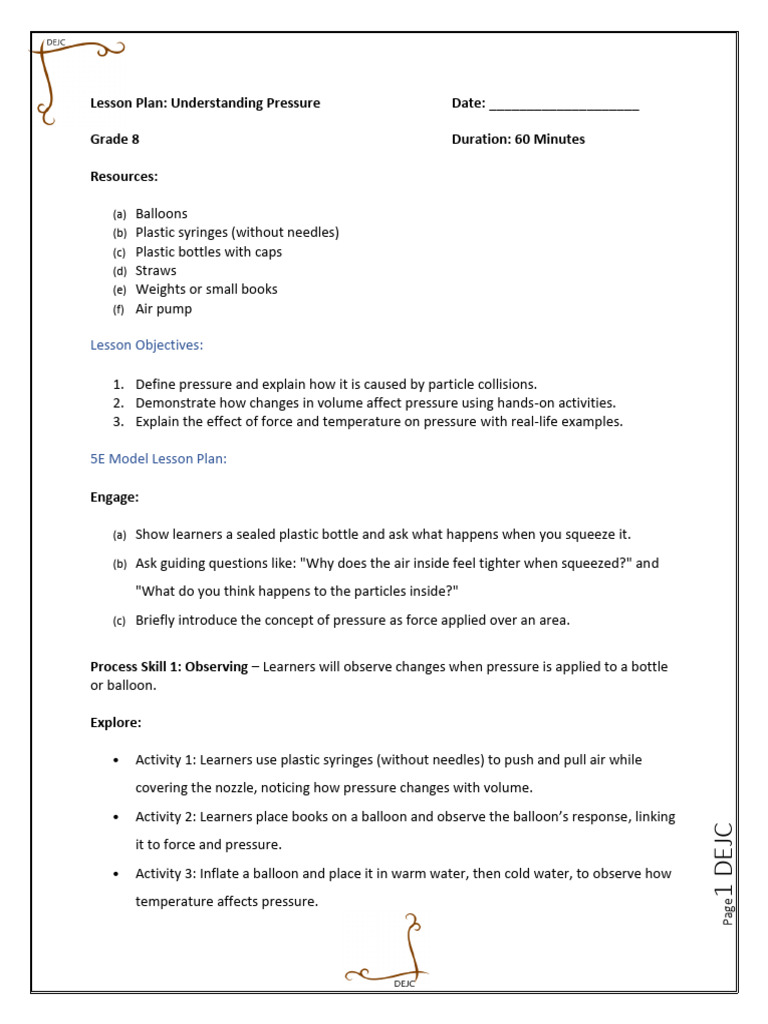 Pressure Grade 8 Lesson Plan | PDF | Pressure | Gases