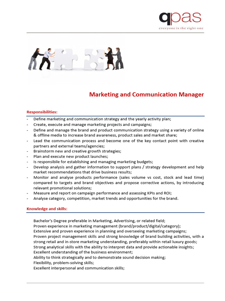 Marketing Communication Manager - JD | PDF | Marketing | Brand