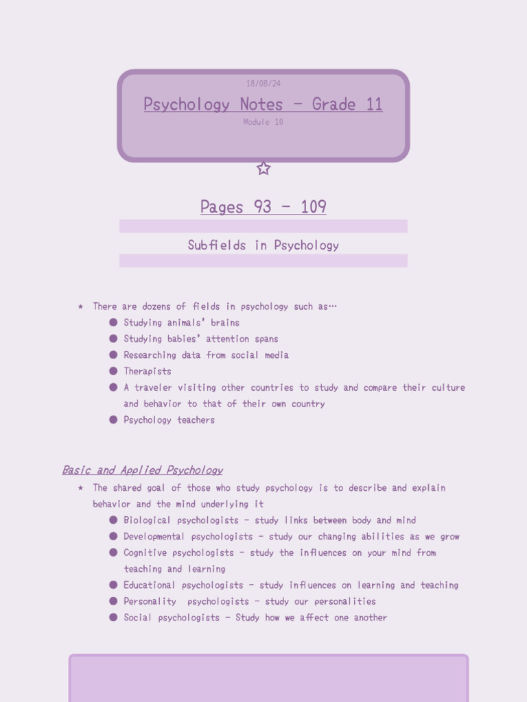 Grade 11 Psychology Subfields Overview | PDF | Psychology | Psychologist