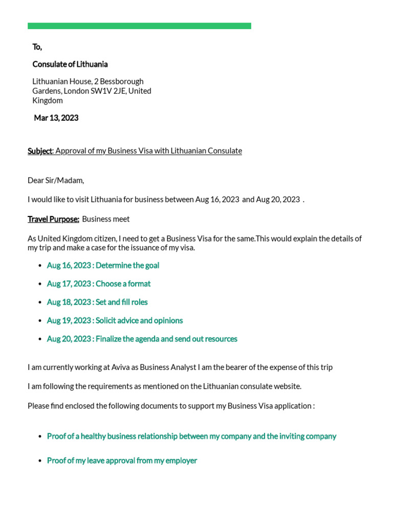 Cover Letter For Lithuania Business Visa | PDF