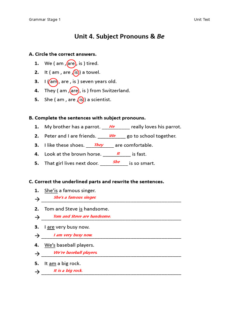 Grammar Stage 1 - Unit Test 4 - Answers | PDF