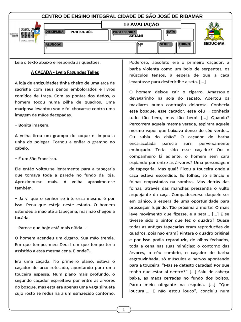 Avaliação de Portugues 3 BIM | PDF | Contos | Caça