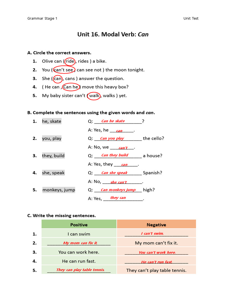 Grammar Stage 1 - Unit Test 16 - Answers | PDF