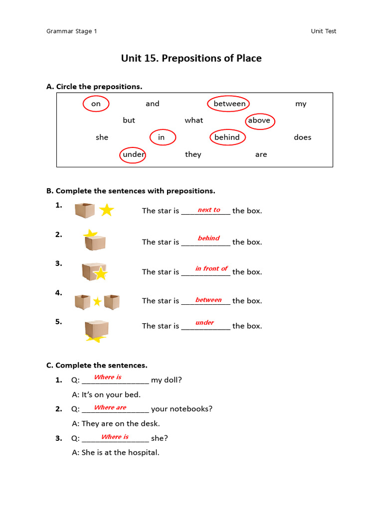 Prepositions of Place Unit Test | PDF