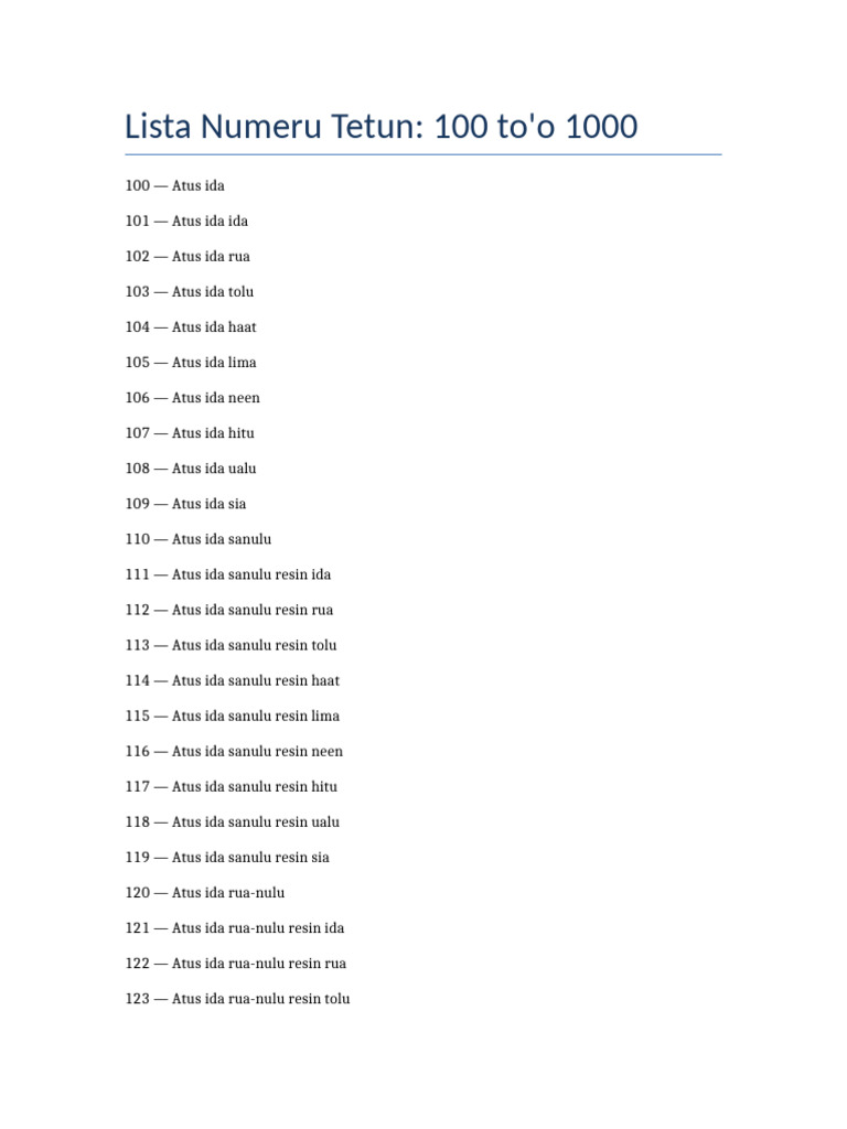 Lista Numeru Tetun 100-1000 | PDF