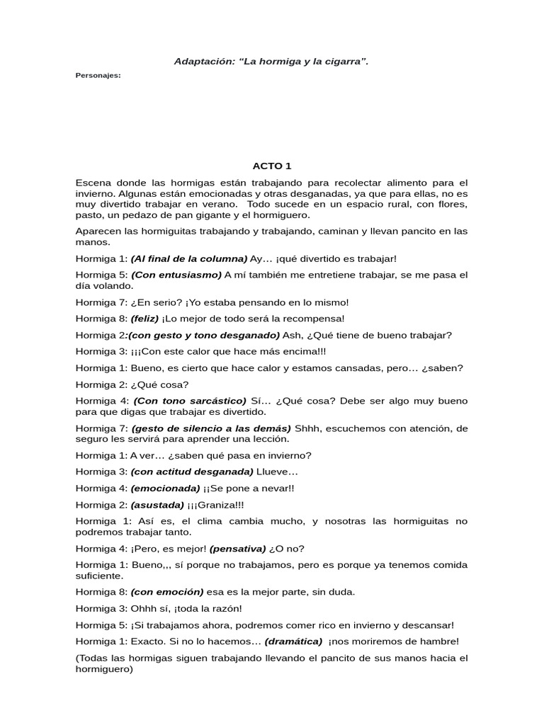 La hormiga y la cigarra: obra teatral | PDF | Hormiga