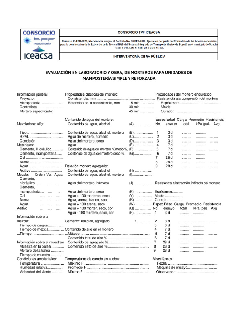 Formato EVALUACIÓN EN LABORATORIO Y OBRA, DE MORTEROS PARA UNIDADES DE MAMPOSTERÍA SIMPLE Y ...