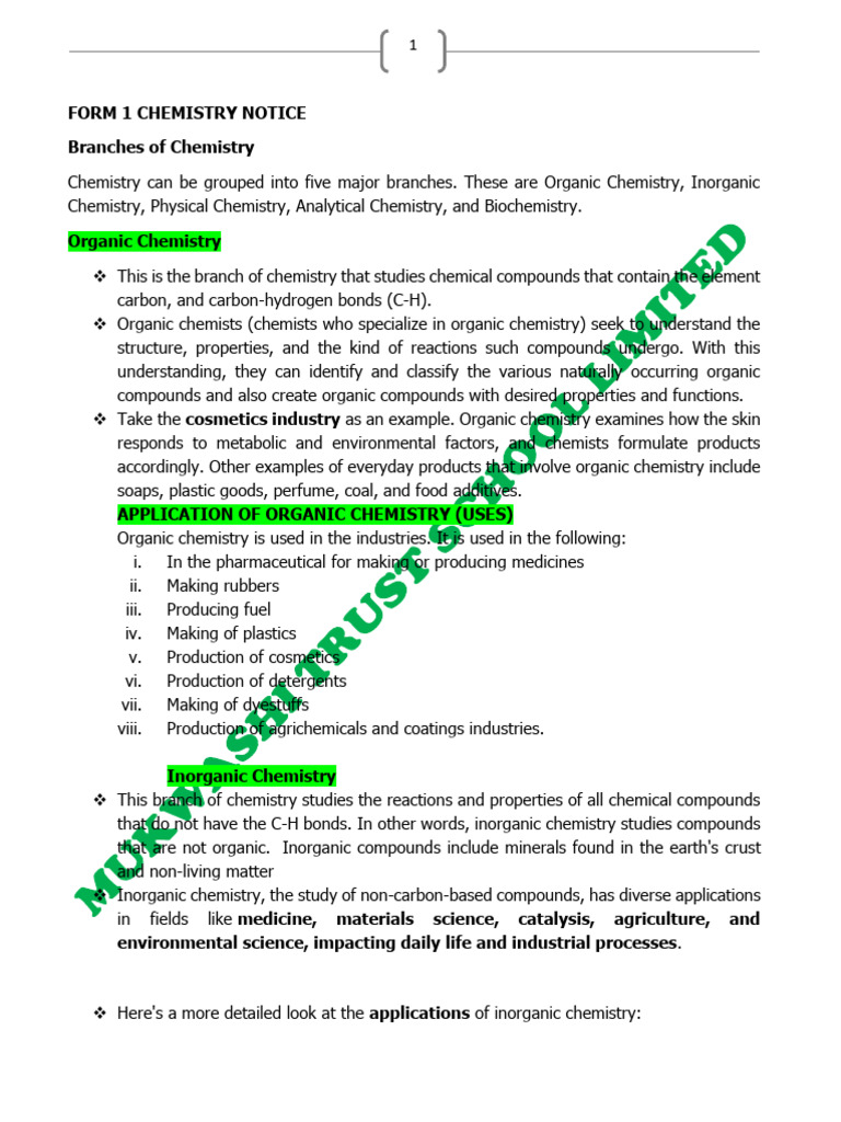 Form 1 Chemistry Notice On Branches of Chemistry | PDF | Analytical ...