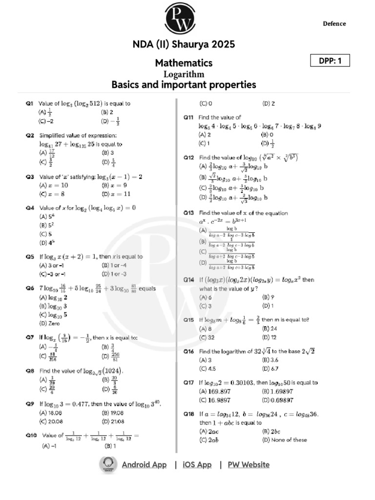 Logarithm - DPP 01 | PDF