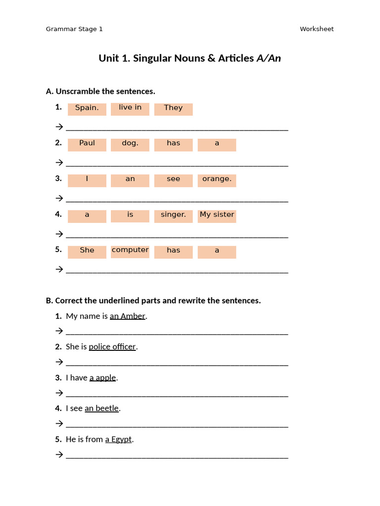 Grammar Stage 1 Unit1 Worksheet | PDF