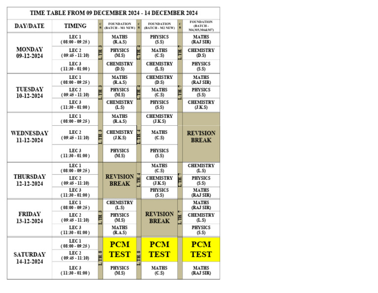 Weekly Class Schedule: Dec 9-14, 2024 | PDF