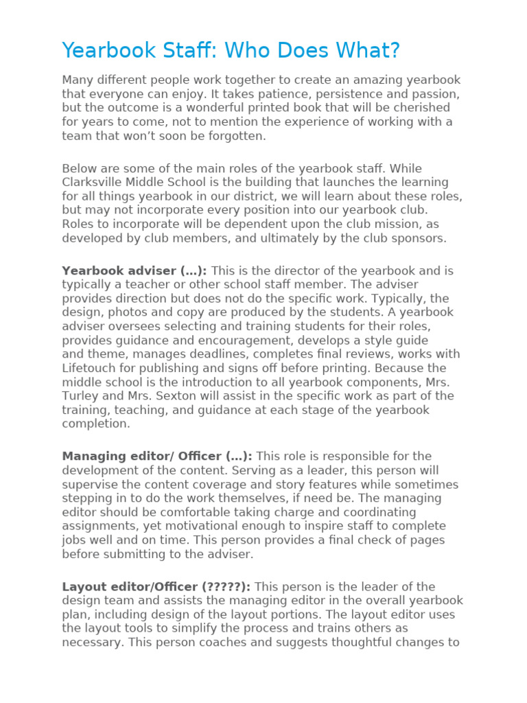 Yearbook Staff Roles and Responsibilities | PDF | Editing | Copy Editing