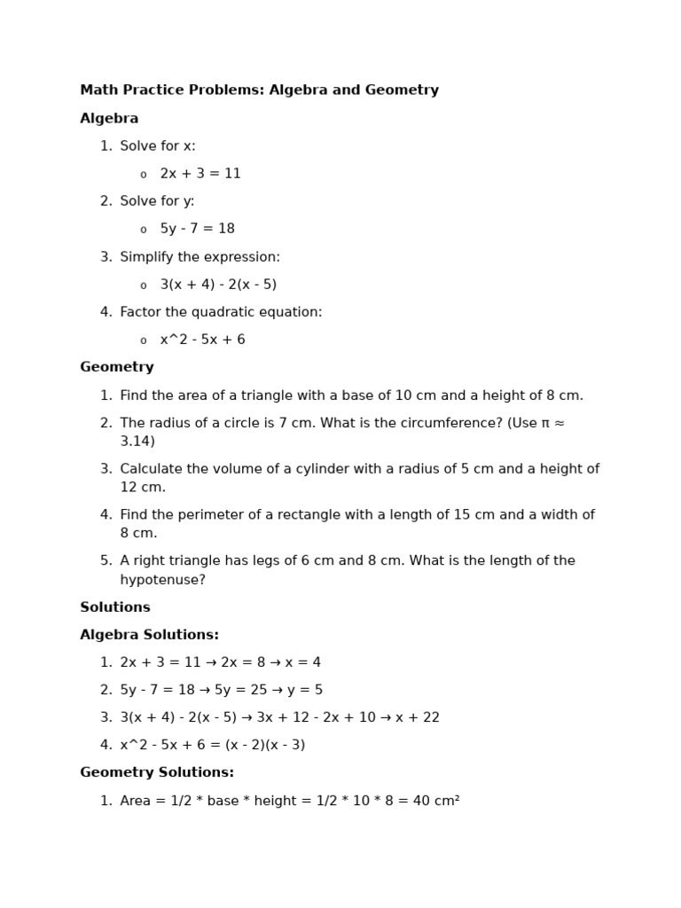 Math Practice Problems - Algebra and Geometry | PDF