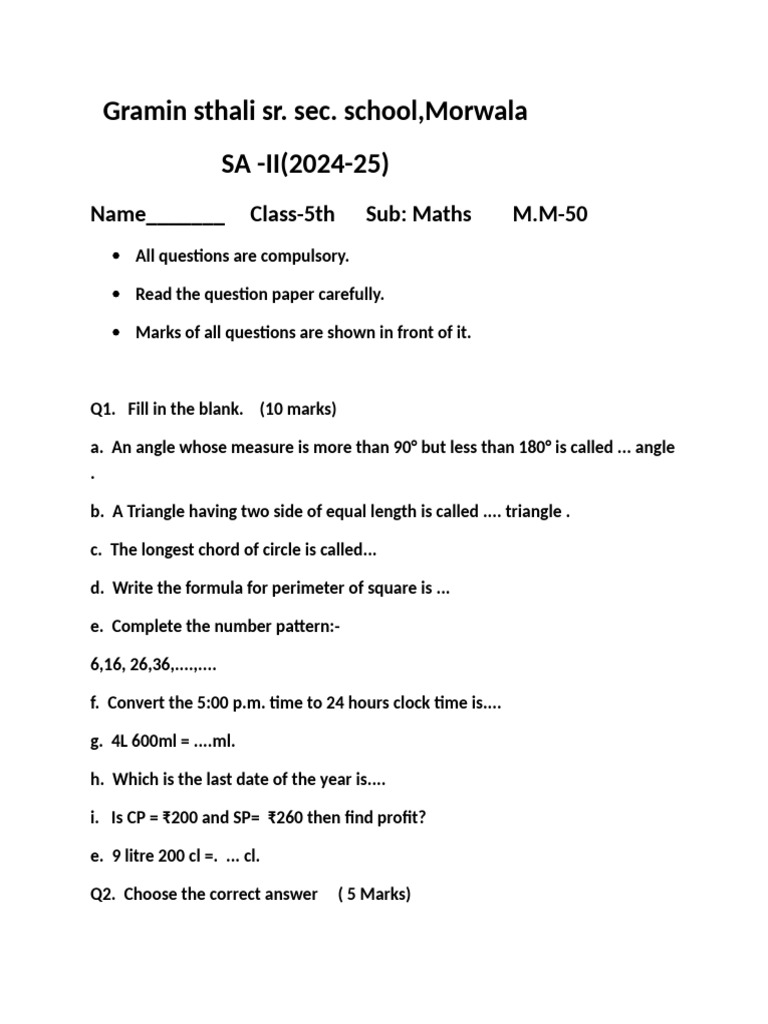 Class 5 Maths Summative Paper 2024 | PDF