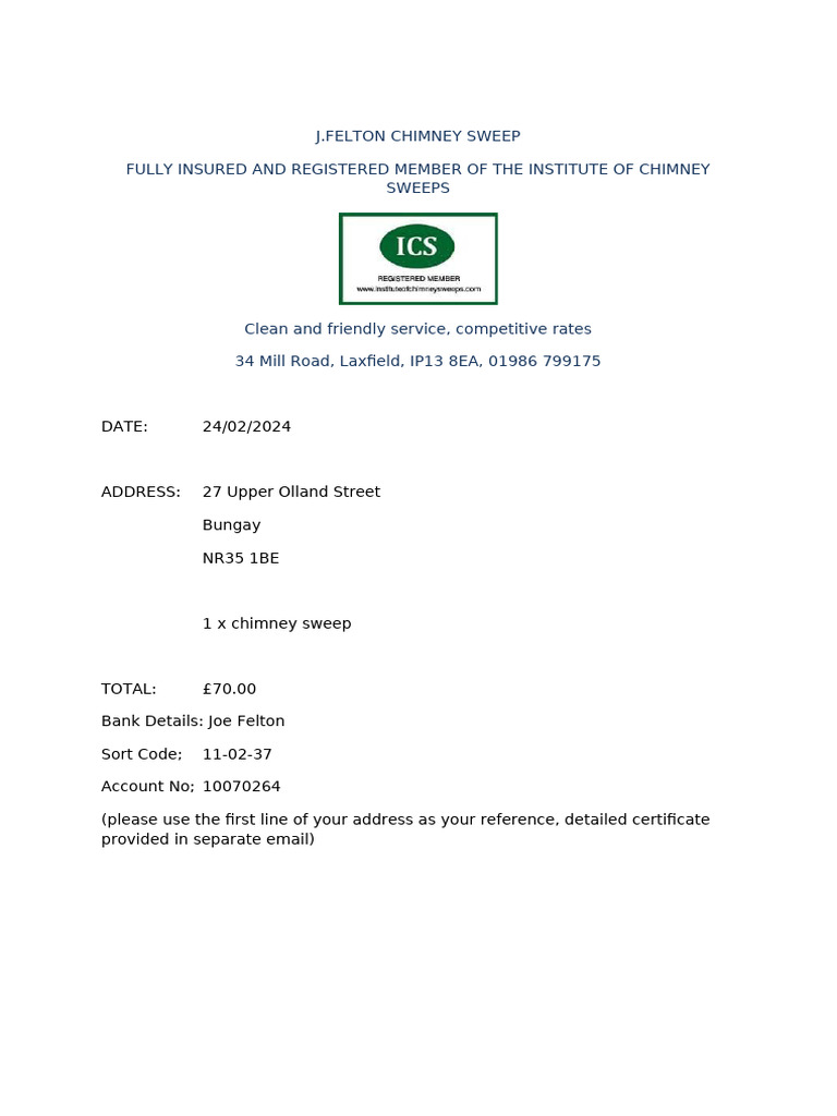 Joe Felton Chimney Sweep Invoice | PDF