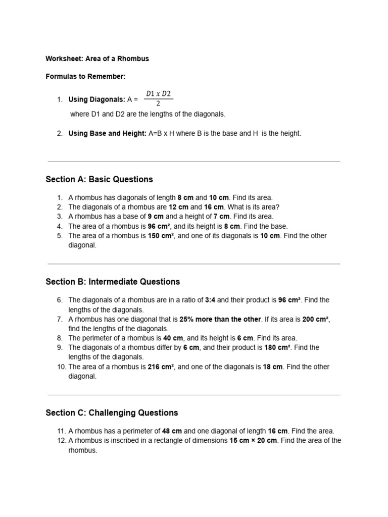 Rhombus Area Worksheet with Solutions | PDF