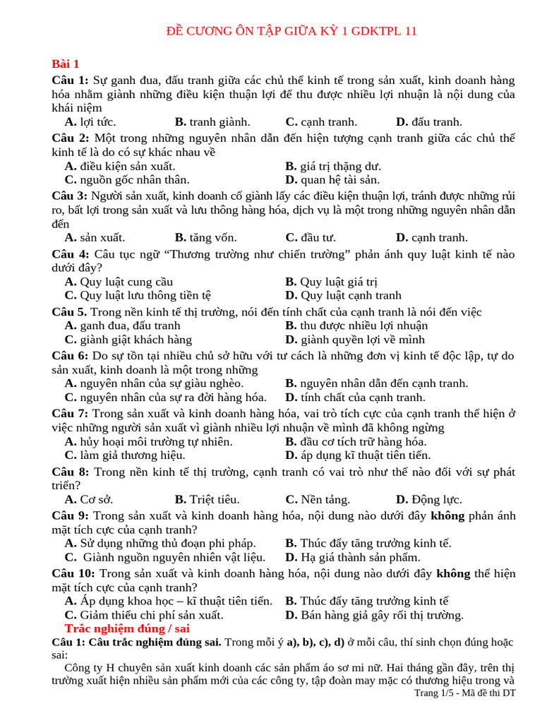 Đề cương ôn GDKTPL 11 giữa kỳ 1 | PDF