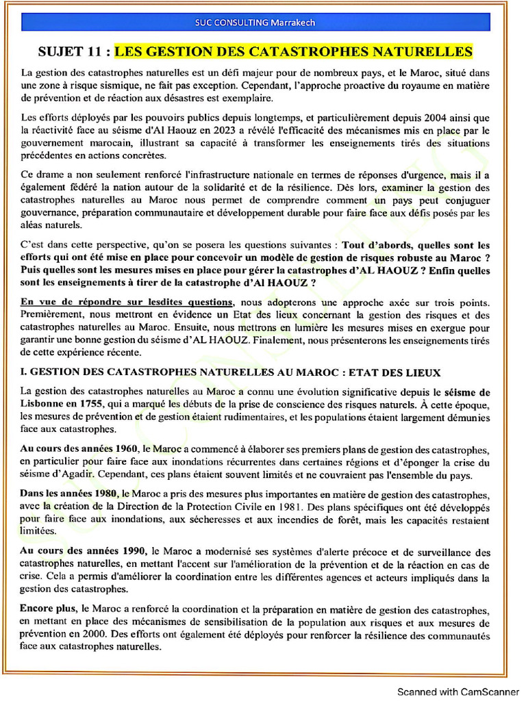 Sujet 11 Les Gestion Des Catastrophes Naturelles | PDF