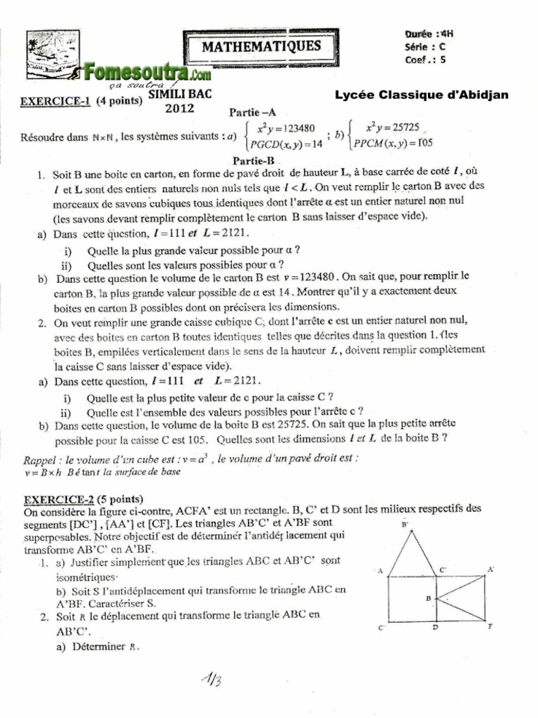 61277609eb2d6sujet de Maths Bac Blanc 2012 Serie C Lycee Classi | PDF