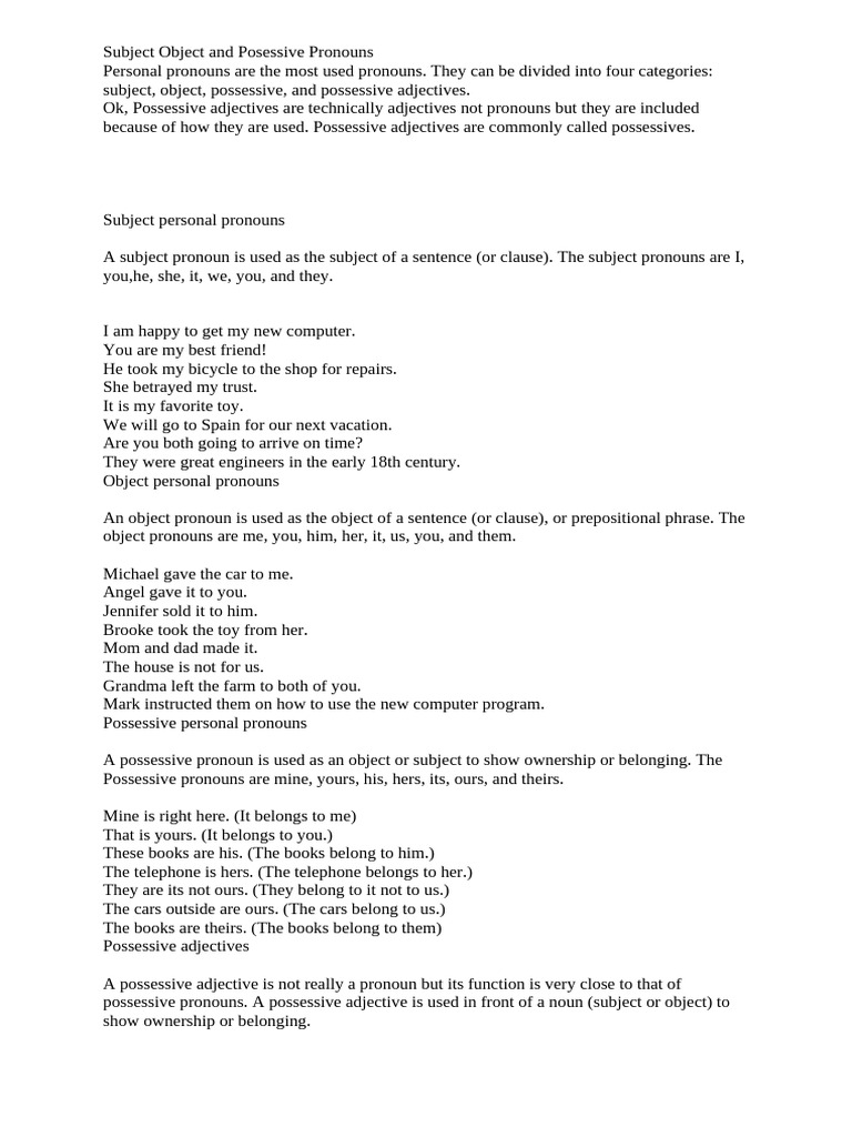 Subject Object and Posessive Pronouns | PDF | Pronoun | Adjective