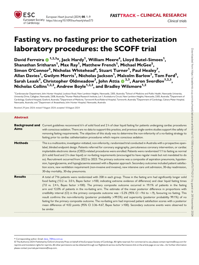 2024 - Fasting vs. no fasting prior to catheterization laboratory ...