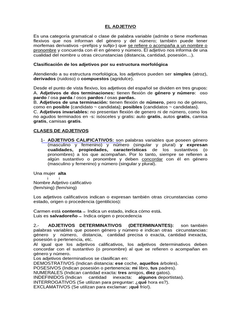 Clasificación y grados del adjetivo | PDF | Adjetivo | Numero Gramatical