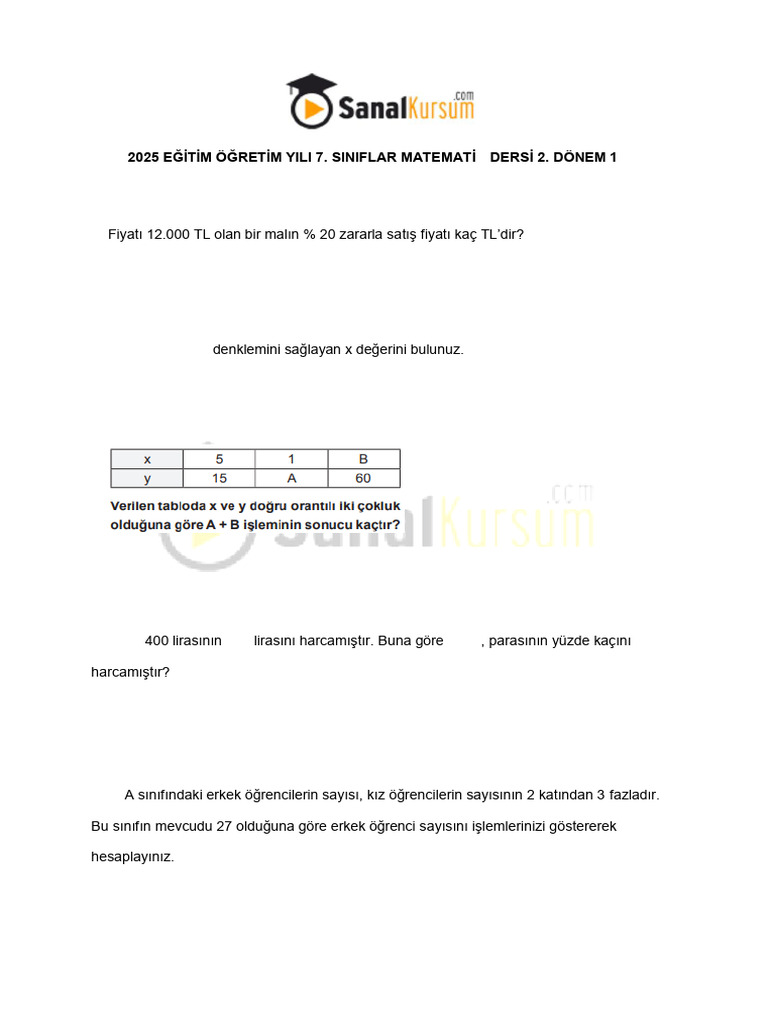7.-Sinif-Matematik-2.-Donem-1.-Ornek-Yazili-Sorulari | PDF