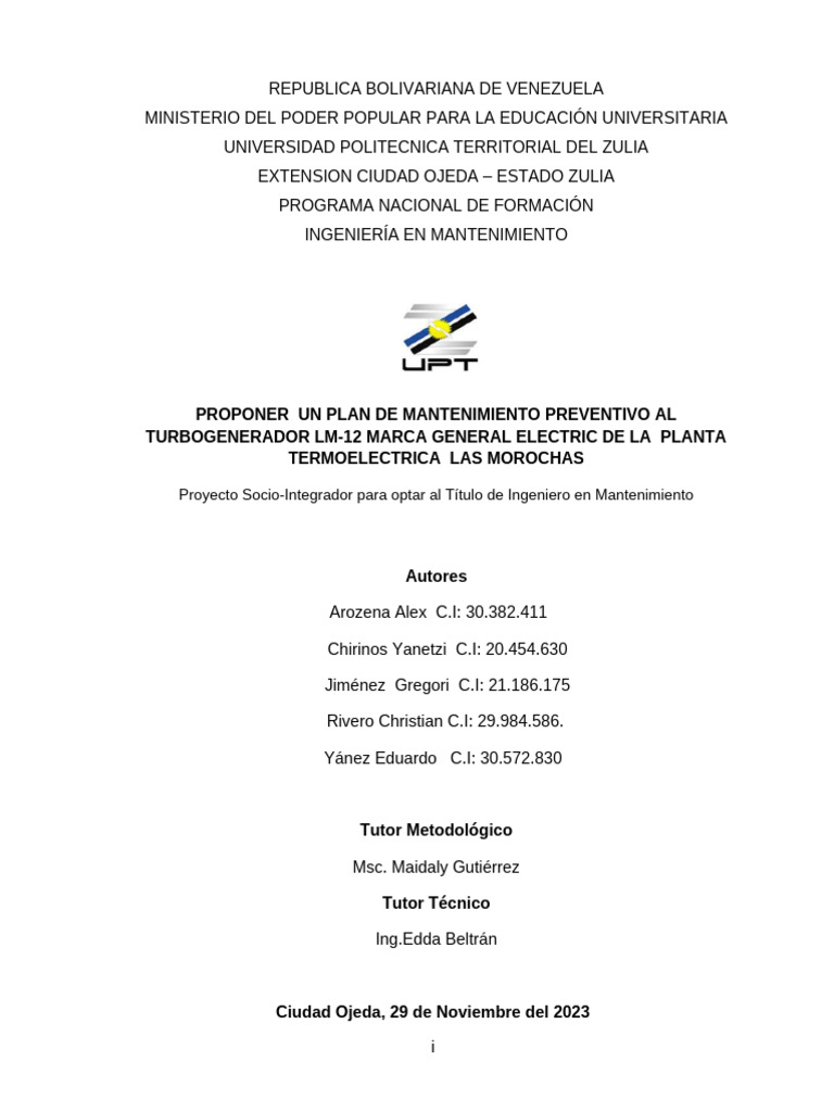 PROYECTO UPTZ INGENIERIA EN MANTENIMIENTO PLANTA TERMOELECTRICA LAS MOROCHAS (2024) -1 | PDF ...