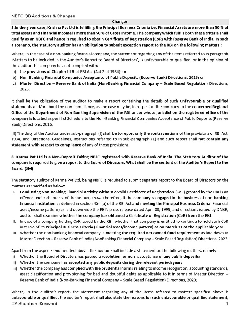 2 - NBFC QB Changes & Additions | PDF | Reserve Bank Of India | Auditor's Report