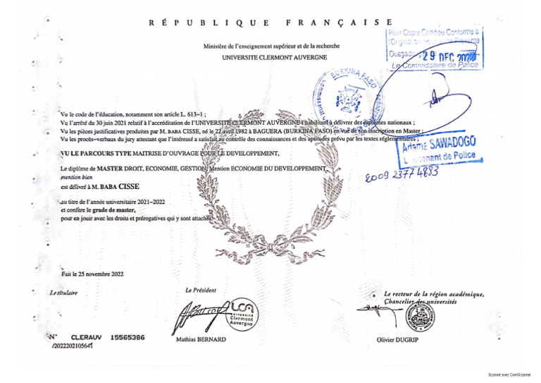 Diplôme Master2 Légalisé - MODEV | PDF