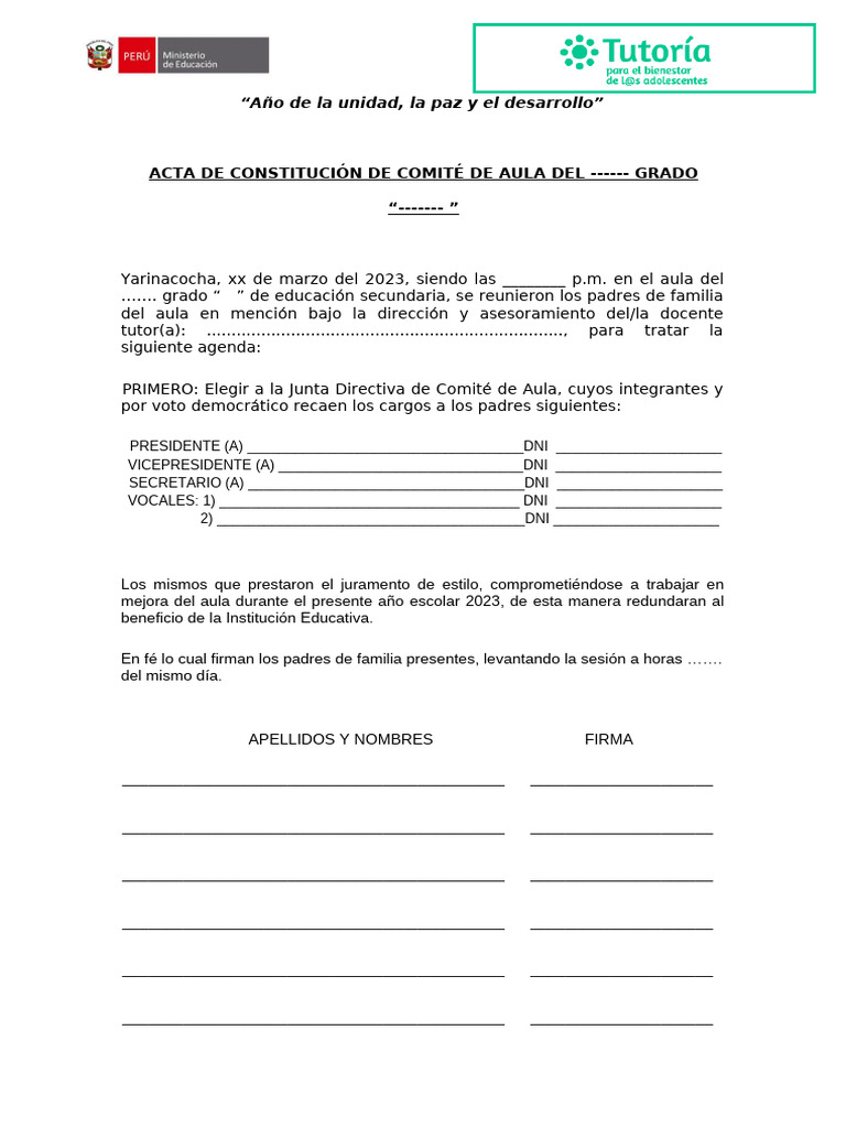 ACTA DE CONSTITUCION DE COMITÉ DE AULA | PDF | Gobierno