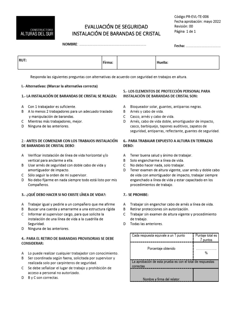 PR EVL TE 006 Evaluación Instalación de Barandas de Cristal - Rev00 - My22 | PDF